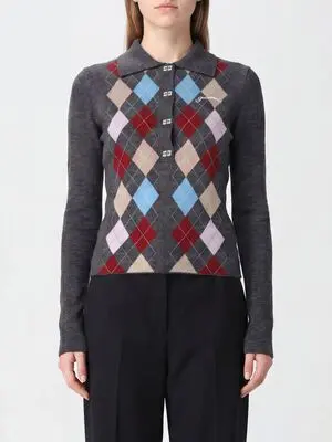 GANNI Slim Fit Argyle Wool Knit Polo With Long Sleeves - Grey