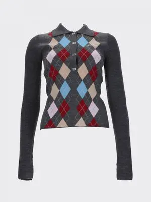 GANNI Slim Fit Argyle Wool Knit Long Sleeve Polo
