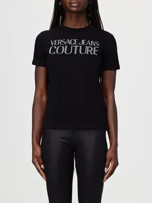 Versace Cotton T-shirts With Rhinestone Logo - Black