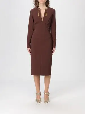 Elisabetta Franchi Long Sleeve V-neck Dress - Brown