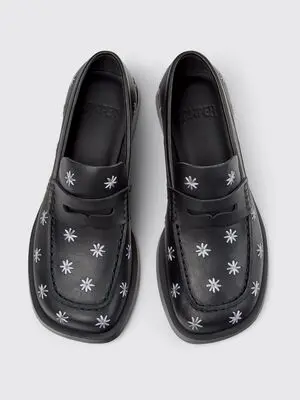 Camper Leather Loafers With Floral Embroidery