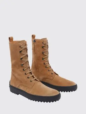 TOD'S Calf-high Suede Combat Boots With Embossed T Timeless Logo And Gommino Sole - Brown
