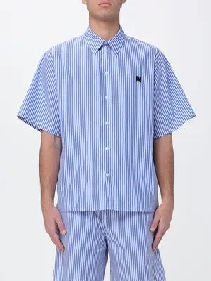 MSGM Striped Short-sleeve Cotton Shirt With Contrast Logo And Point Collar - Gnawed Blue