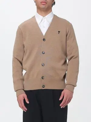 AMI Paris V-neck Cardigan With Embroidered Logo - Beige