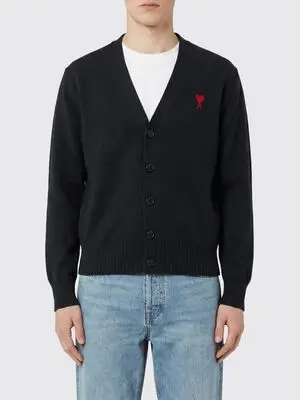 AMI Paris Wool Cardigan With Embroidered Logo - Black
