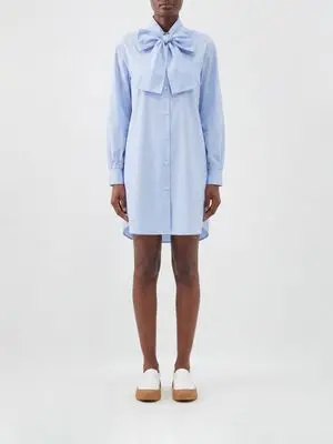 Moschino Cotton Mini Chemisier Dress With Pussy-bow Collar - Gnawed Blue