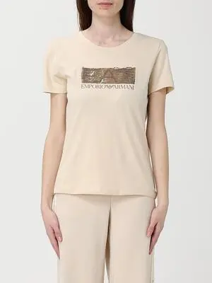 EA7 Cotton T-shirts With Sequin Logo - Beige