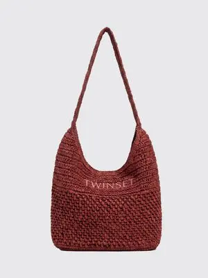 TWINSET Crochet Raffia Crossbody Bag With Braided Strap And Embroidered Logo - Brown