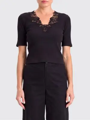 TWINSET Slim Fit Cropped Top In Lace And Cotton With V-neck - Black