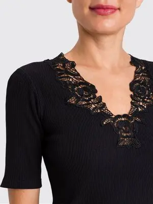 TWINSET Slim Fit Cropped Lace And Cotton Top - Black