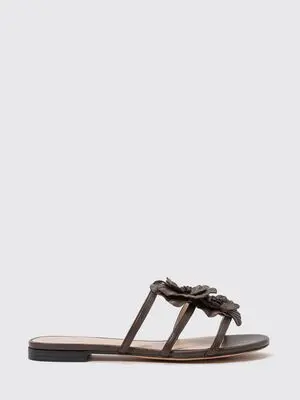 TWINSET Laminated Leather Slide Sandals With Flower Appliqué And Low Heel - Coffee