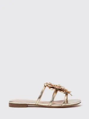TWINSET Laminated Leather Slide Sandals With Flower Appliqué And Low Heel - Gold