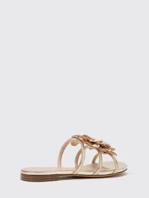 TWINSET Laminated Leather Slide Sandals With Floral Appliqué And Low Heel - Gold