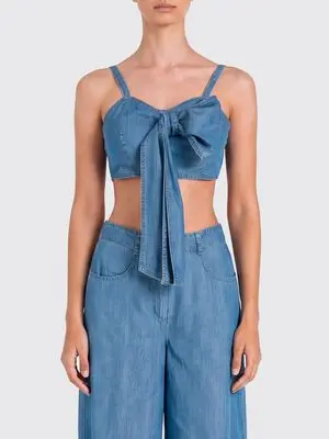 TWINSET Cropped Lyocell Top With Sweetheart Neckline And Bow - Denim