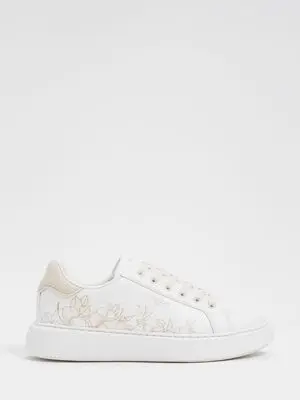 TWINSET Low Top Smooth Leather Sneakers With Floral Details And Lettering Logo - White