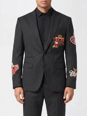 Philipp Plein Pinstripe Wool Single-breasted Blazer With Peak Lapels - Grey