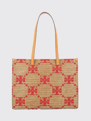 Tory Burch T Monogram Shoulder Bag In Raffia With Jacquard Logo And Double Leather Handles - Beige