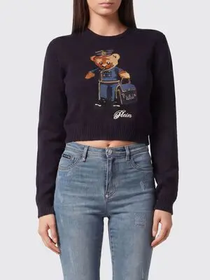 Philipp Plein Slim Fit Cotton Crewneck Sweater With Jacquard Teddy Bear Print - Blue