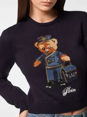 Philipp Plein Slim Fit Cotton Jacquard Teddy Bear Print Crewneck Sweater - Blue