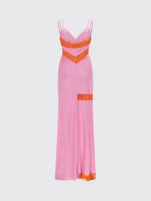 MSGM Long Satin Slip Dress With Lace Inserts And Front Slit