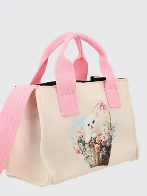 MSGM Cotton Canvas Handbag With Graphic Print And Double Handle - Beige