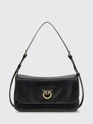 Pinko Love Bag Click Soft Horizontal Leather Crossbody Bag With Love Birds Logo - Black
