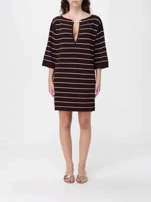 Elisabetta Franchi Striped Mini Kaftan In Viscose Blend With V-neck - Brown