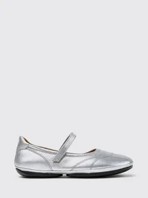 Camper Right Nina Laminated Leather Mary Jane Flats With Hook-and-loop Closure - Grey