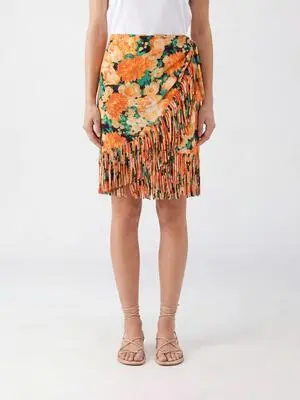 Pinko Floral Embroidered Viscose Wrap Mini Skirt With Fringes - Multicolor