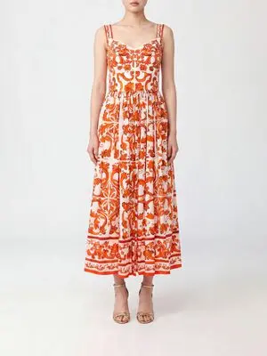 Dolce & Gabbana Majolica-print Off-the-shoulder Cotton Midi Dress - Orange