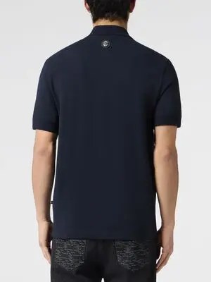 BILLIONAIRE Short-sleeved Cotton Polo Shirt With Hexagonal Logo And Ribbed Collar - Blue