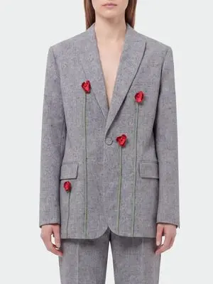 Moschino Single-breasted Cropped Blazer In Wool And Silk With Flower Appliqu - Multicolor