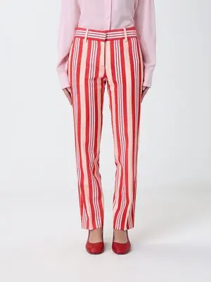 Ermanno Scervino Striped Skinny Pants In Cotton With Floral Embroidery - Red