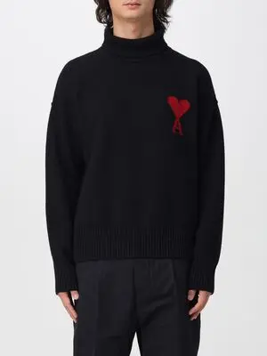 AMI Paris Wool Turtleneck Sweater With Jacquard Logo And Dropped Shoulders - Black