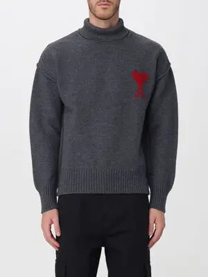 AMI Paris Wool Turtleneck Sweater With Jacquard Logo And Dropped Shoulders - Grey