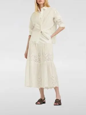Momoni A-line Cotton Midi Skirt With Lace Inserts - Cream