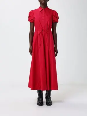 TWINSET Stretch Cotton Midi Chemisier Dress With Short Sleeves And Belt - Red
