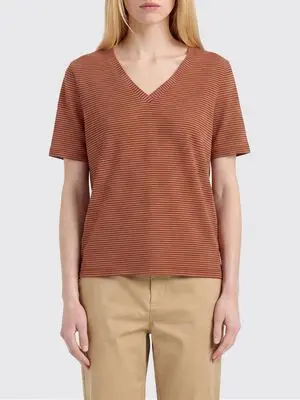 Momoni Striped V-neck T-shirt In A Cotton Blend With Short Sleeves - Rust