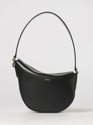 BOSS Smooth Bovine Leather Hobo Bag With Flap Closure And Metal Logo - Black