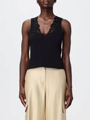 TWINSET Slim Fit Cotton Top With Lace Inserts And V-neck - Black