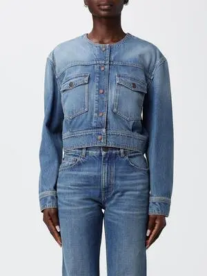 Chloé Cropped Cotton Denim Jacket With Crew Neck And Dropped Shoulders - Blue