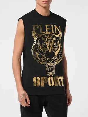 PLEIN SPORT Cotton Tank Top With Contrasting Graphic Logo Print - Black