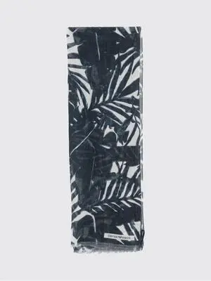 Emporio Armani Tropical Print Linen Blend Scarf With Fringed Edges - Blue