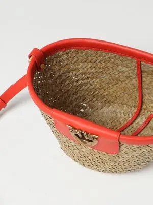 Pinko Straw Bucket Bag With Leather Trim - Red