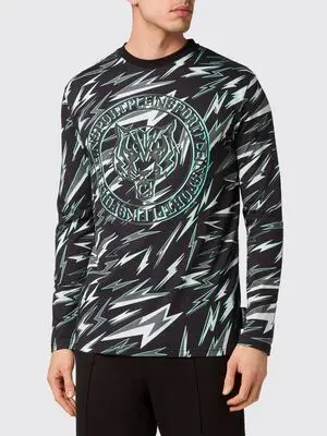 PLEIN SPORT Long-sleeved Jersey T-shirt With Graphic Print - Black