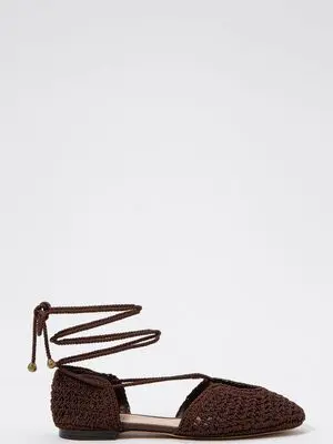 TWINSET Crochet Polyester Ballet Flats With Ankle-tie Ribbons - Coffee