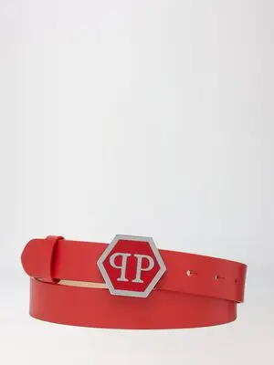 Philipp Plein Smooth Leather Belt With Hexagon Monogram Buckle - Red