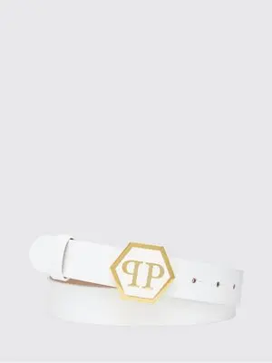 Philipp Plein Smooth Leather Belt With Hexagon Monogram Buckle - White