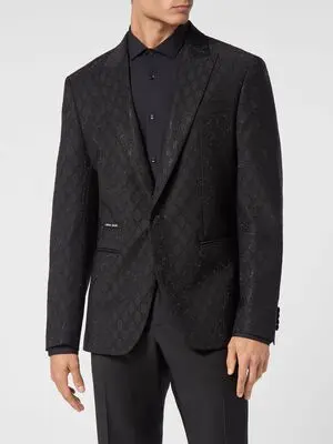 Philipp Plein Monogram Slim Fit Wool-blend Blazer With Hexagon Logo - Black