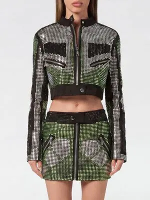 Philipp Plein Cropped Suede Biker Jacket With Rhinestone Embellishments - Green